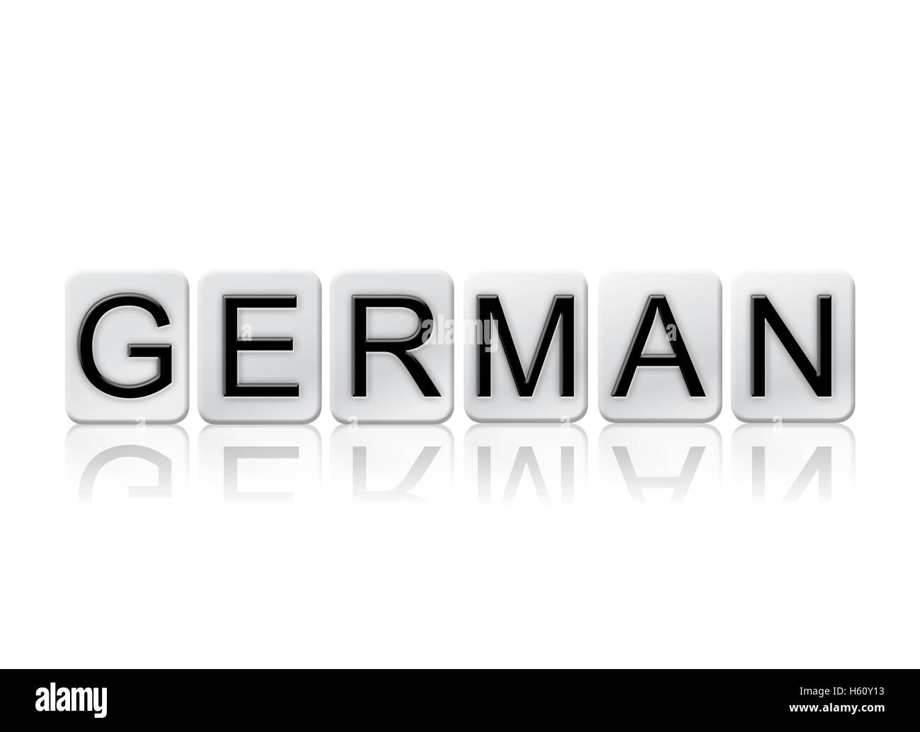 The word "German" written in tile letters isolated on a white ...