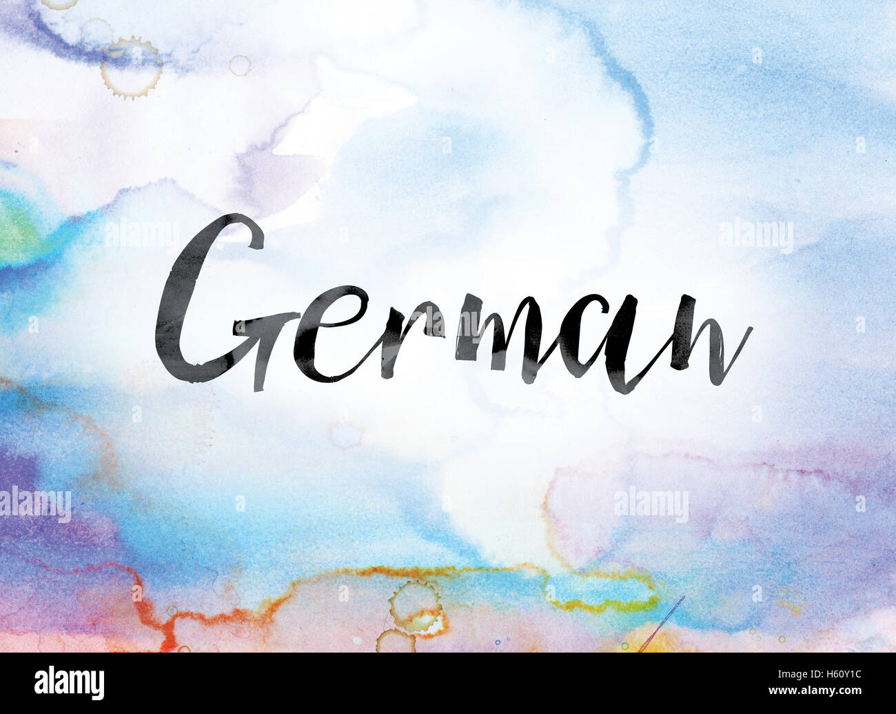 The word "German" painted in black ink over a colorful watercolor ...