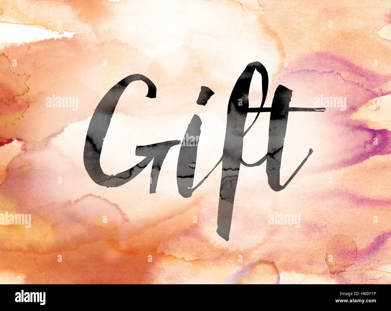 The word "Gift" painted in black ink over a colorful watercolor washed ...