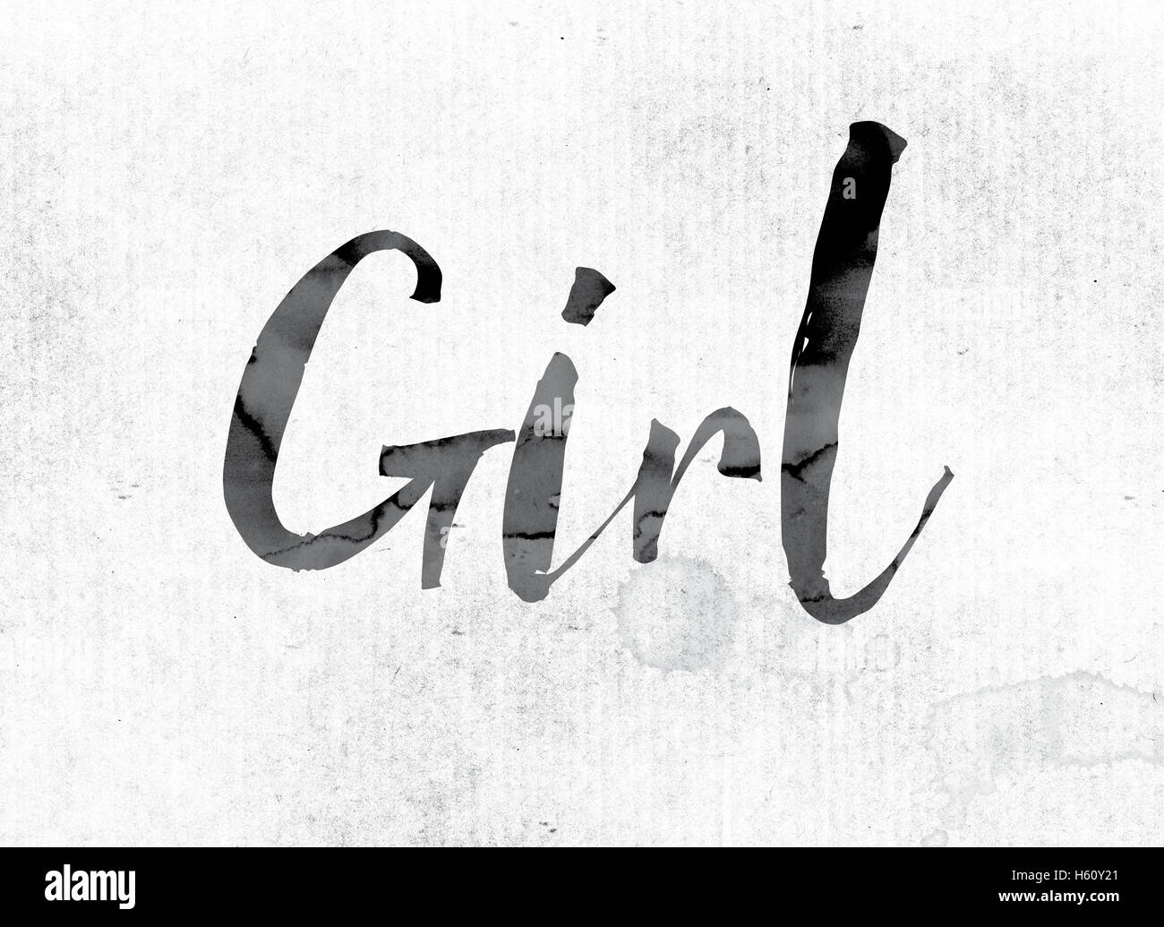 The word "Girl" concept and theme painted in watercolor ink on a white ...