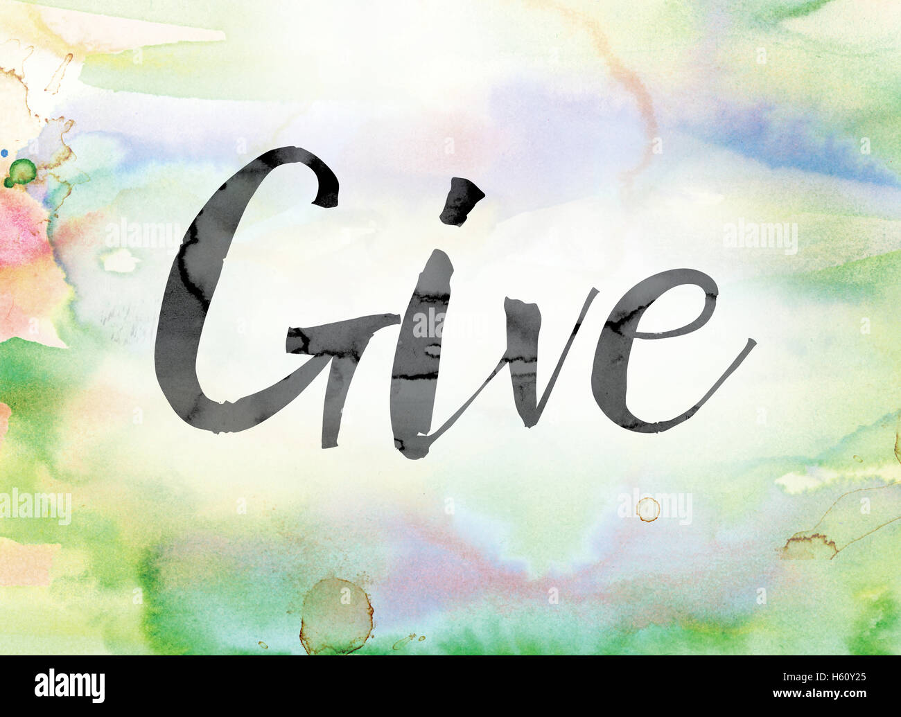 The word "Give" painted in black ink over a colorful watercolor washed ...