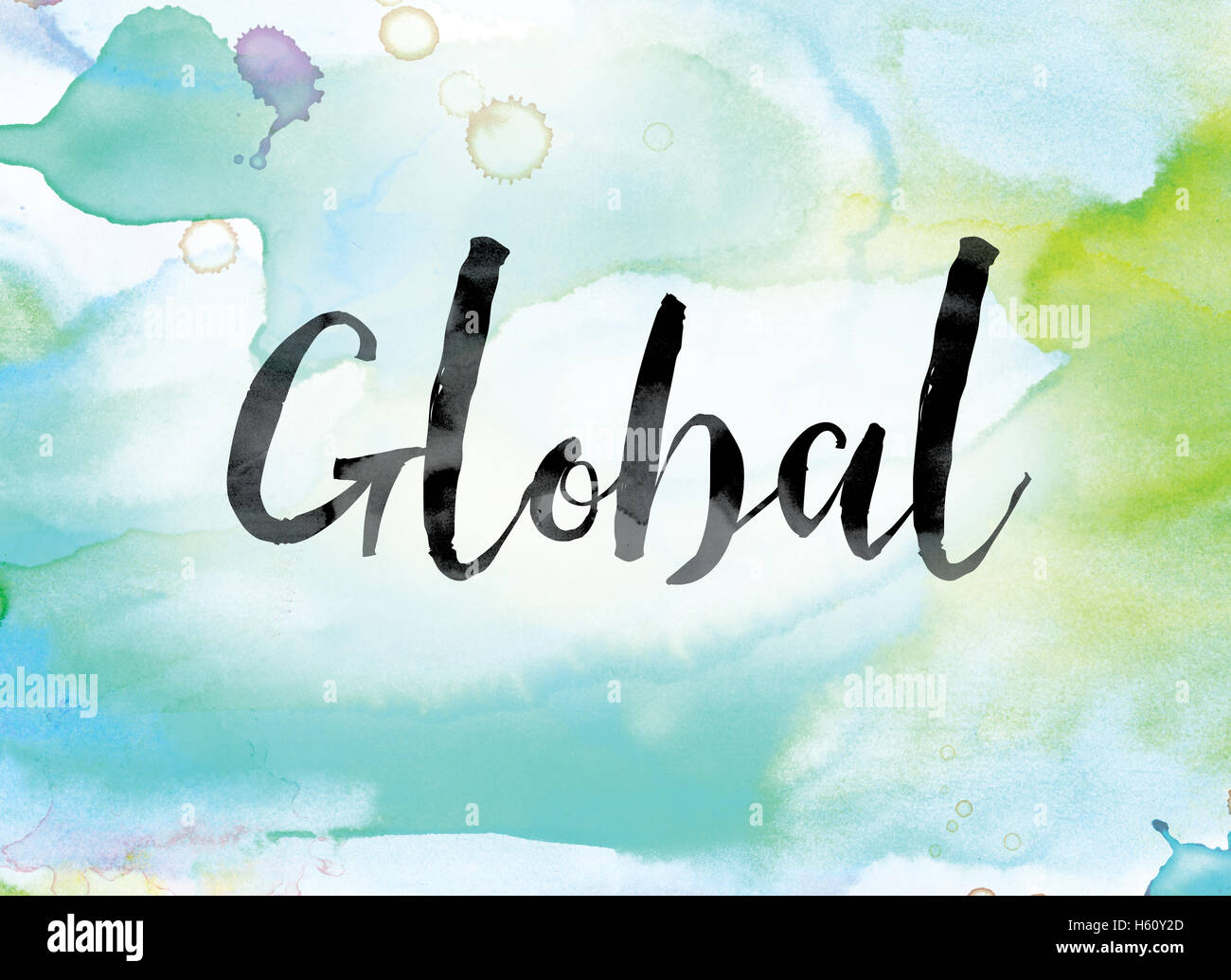 The word "Global" painted in black ink over a colorful watercolor ...