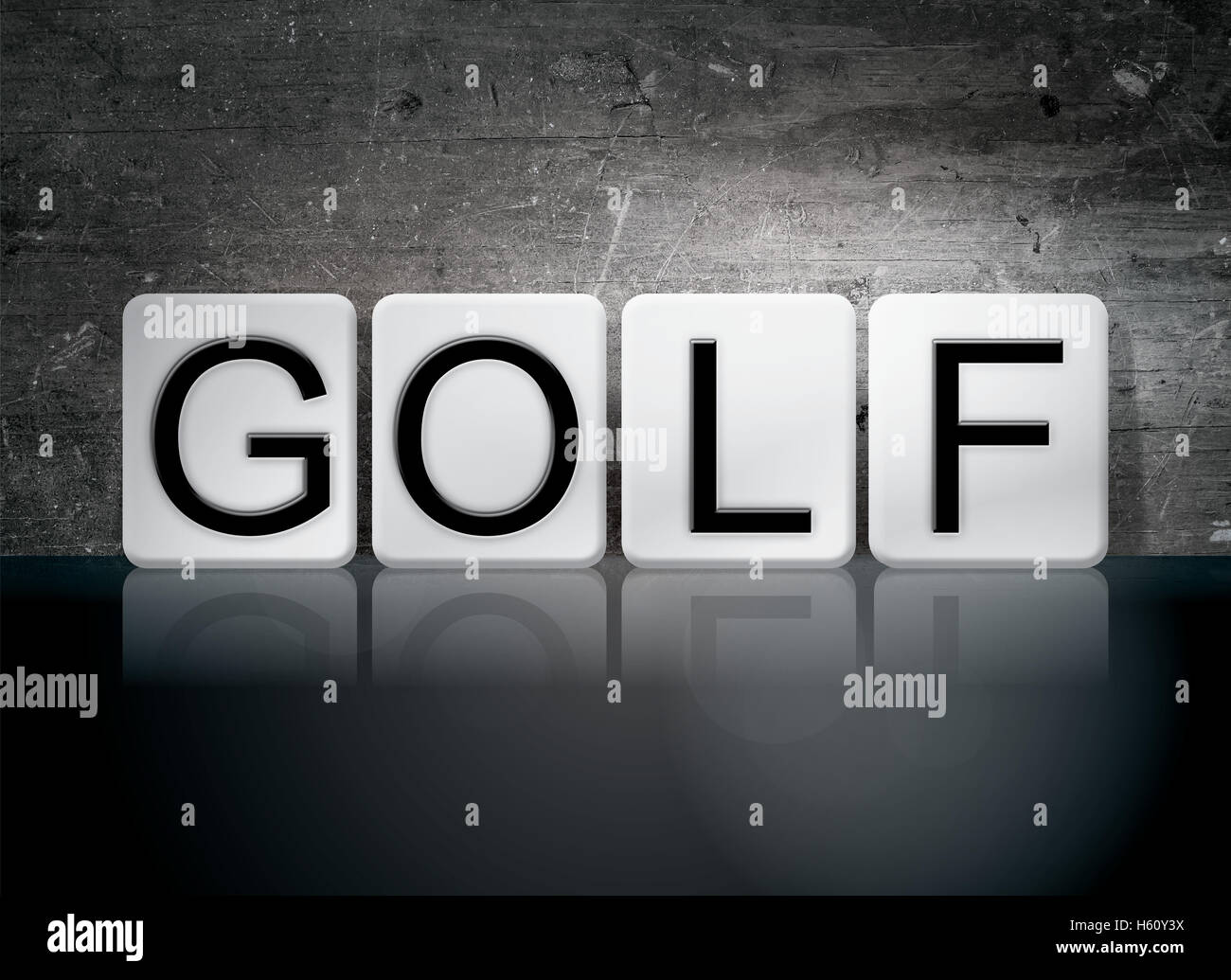 The word "Golf" written in white tiles against a dark vintage grunge ...