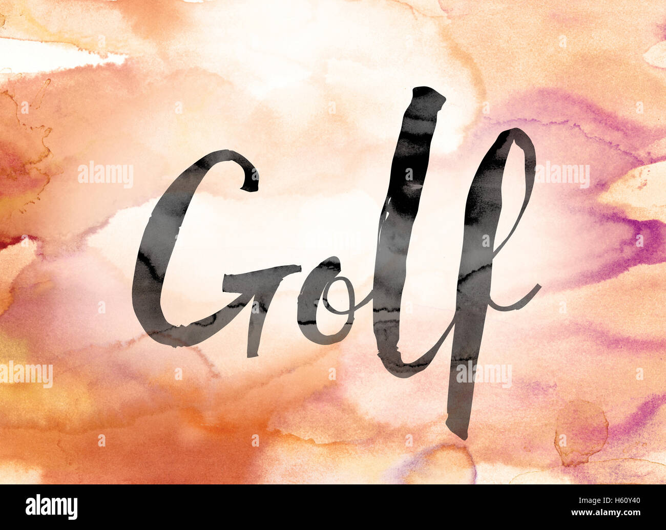 The word "Golf" painted in black ink over a colorful watercolor washed ...