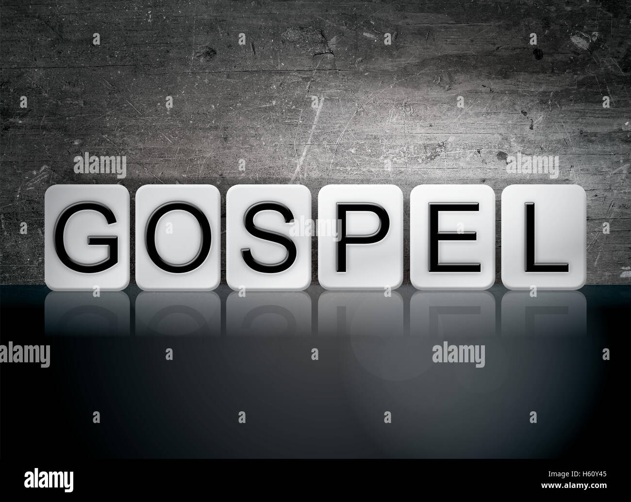 The word "Gospel" written in white tiles against a dark vintage grunge ...