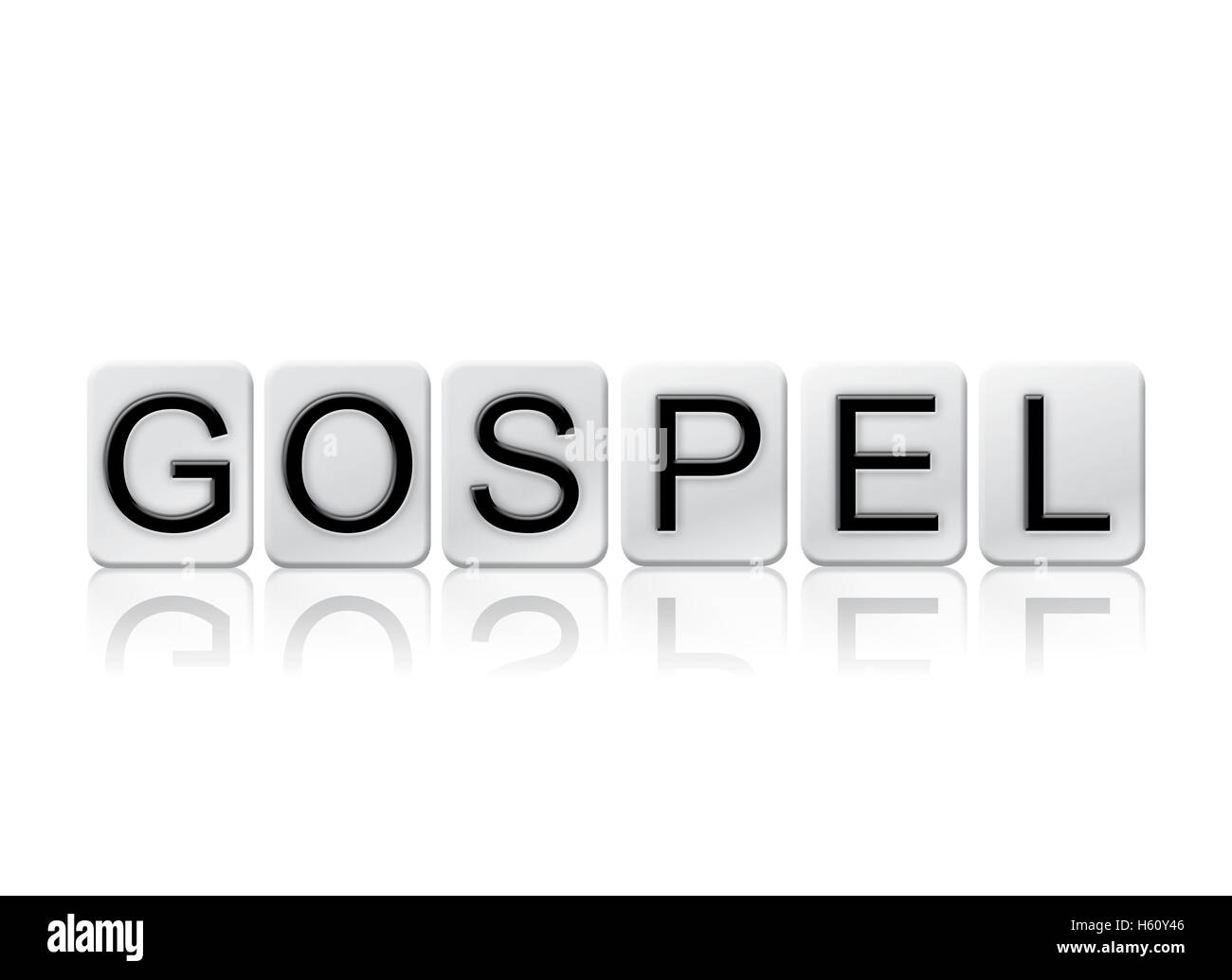 The word "Gospel" written in tile letters isolated on a white ...