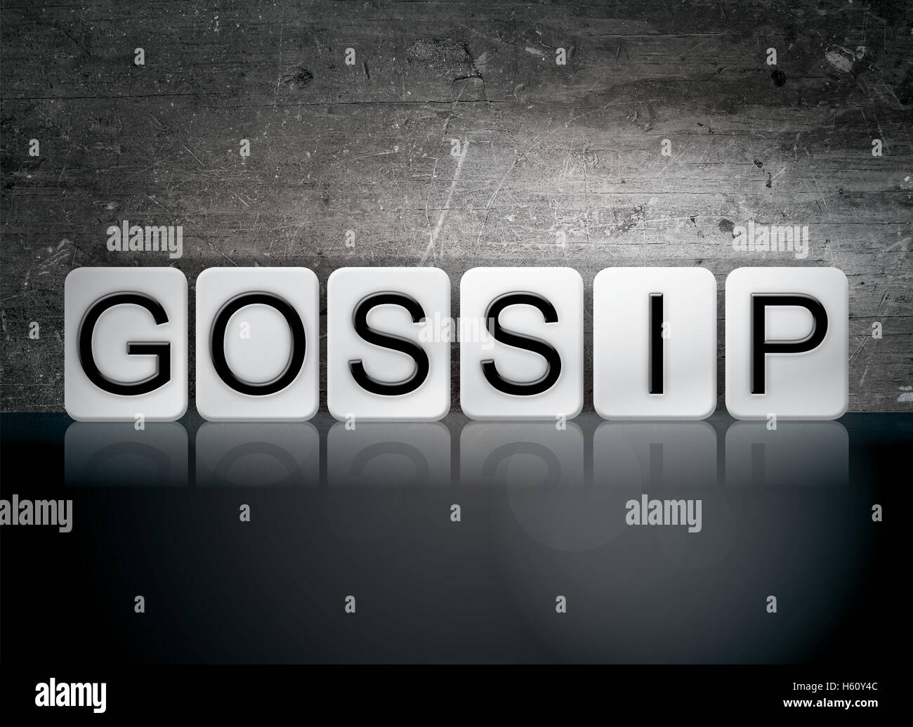 The word "Gossip" written in white tiles against a dark vintage grunge ...