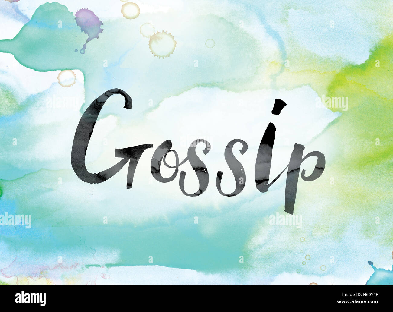 The word "Gossip" painted in black ink over a colorful watercolor ...