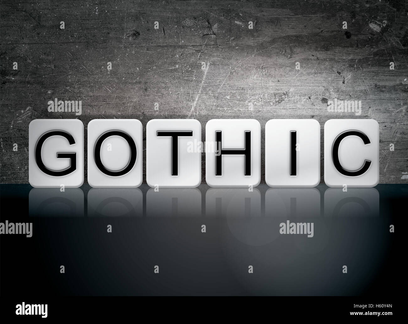 The word "Gothic" written in white tiles against a dark vintage grunge ...