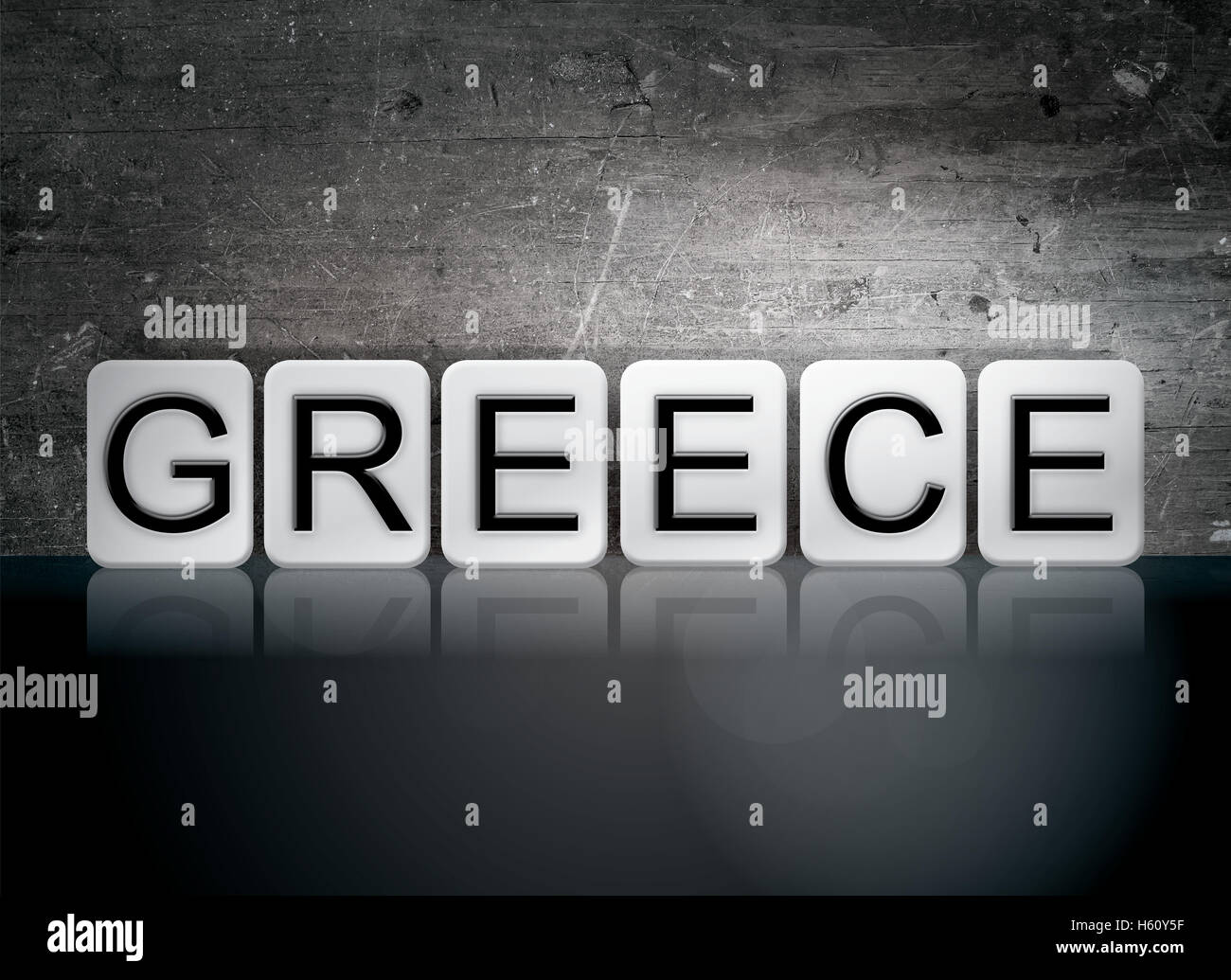 The word "Greece" written in white tiles against a dark vintage grunge ...