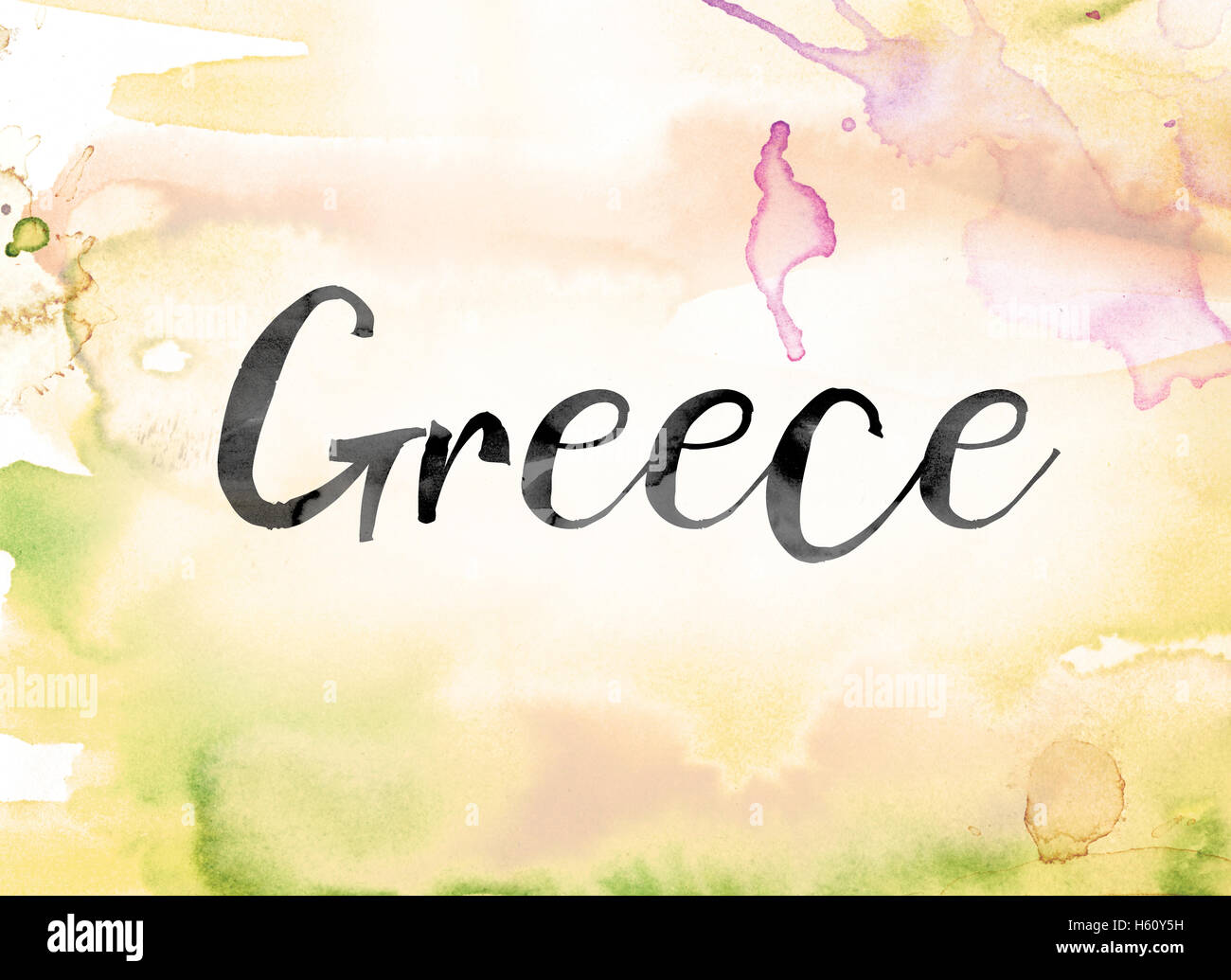 The word "Greece" painted in black ink over a colorful watercolor ...