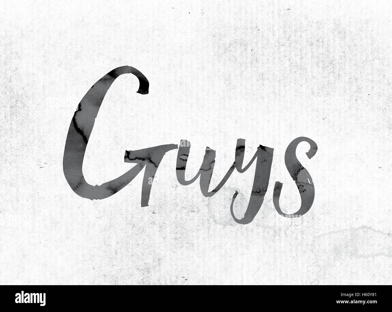 The word "Guys" concept and theme painted in watercolor ink on a white ...