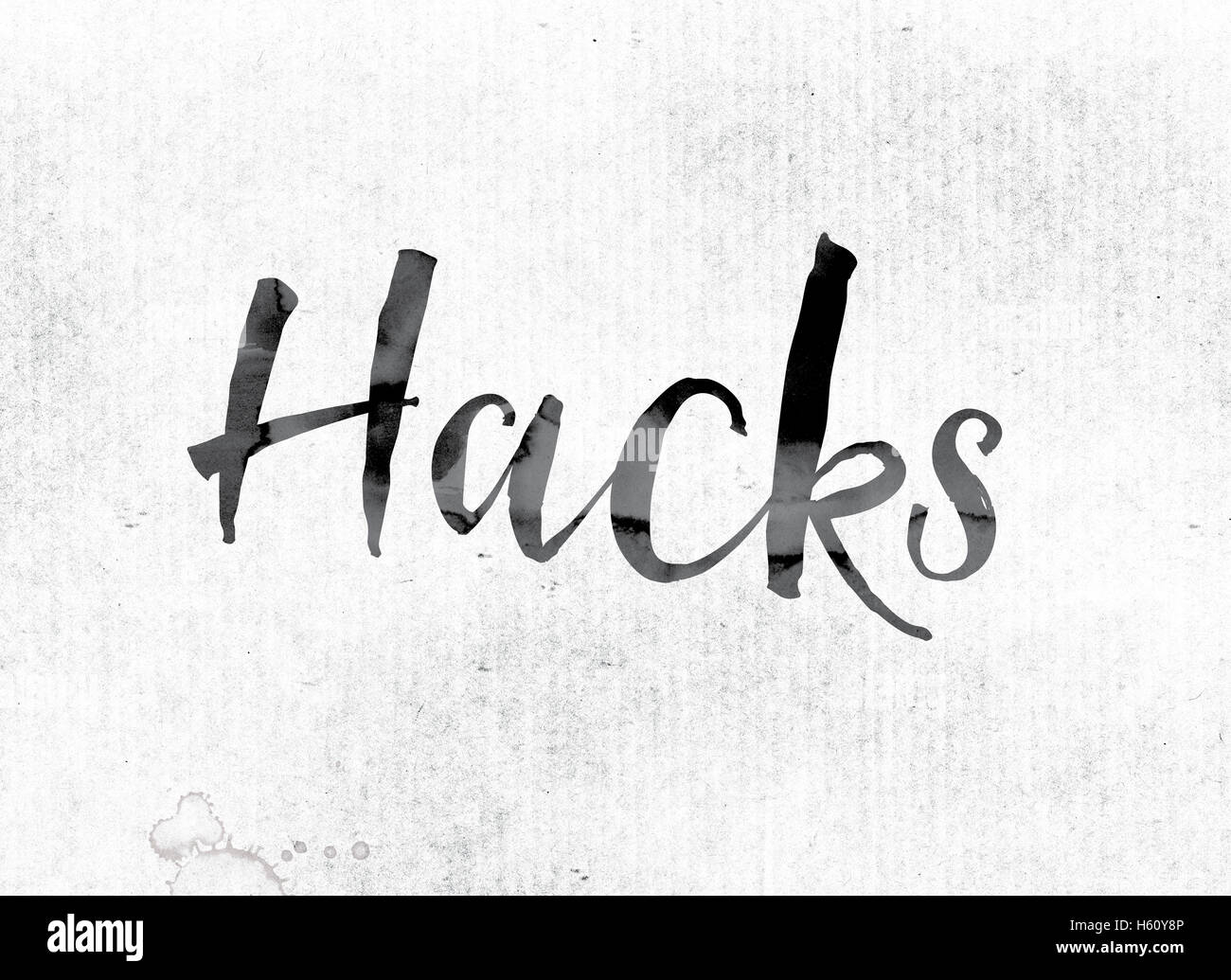 The word "Hacks" concept and theme painted in watercolor ink on a white ...