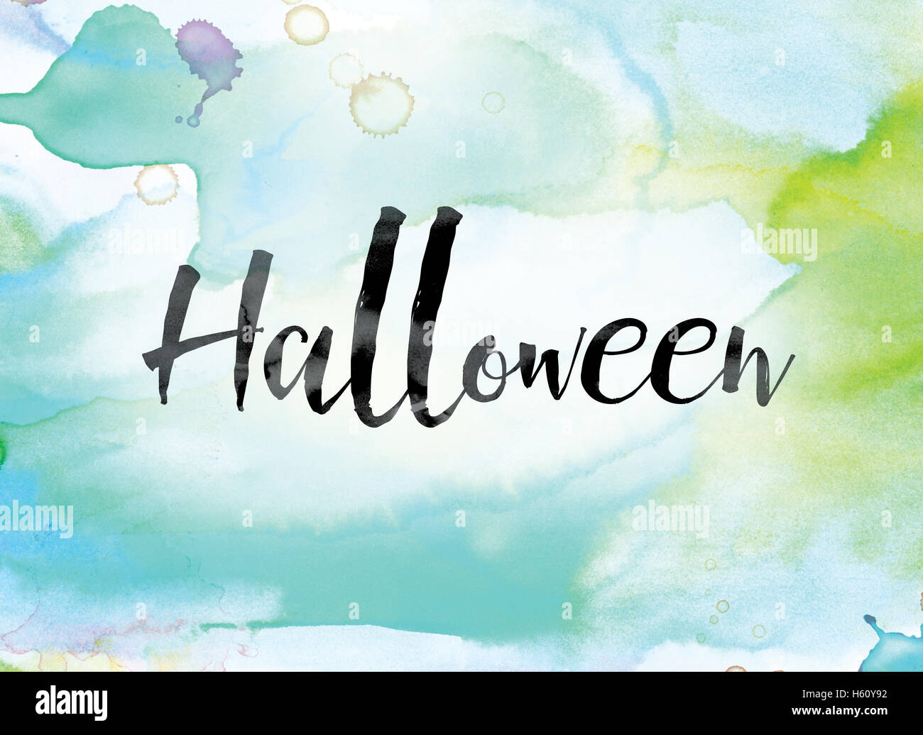The word "Halloween" painted in black ink over a colorful watercolor ...