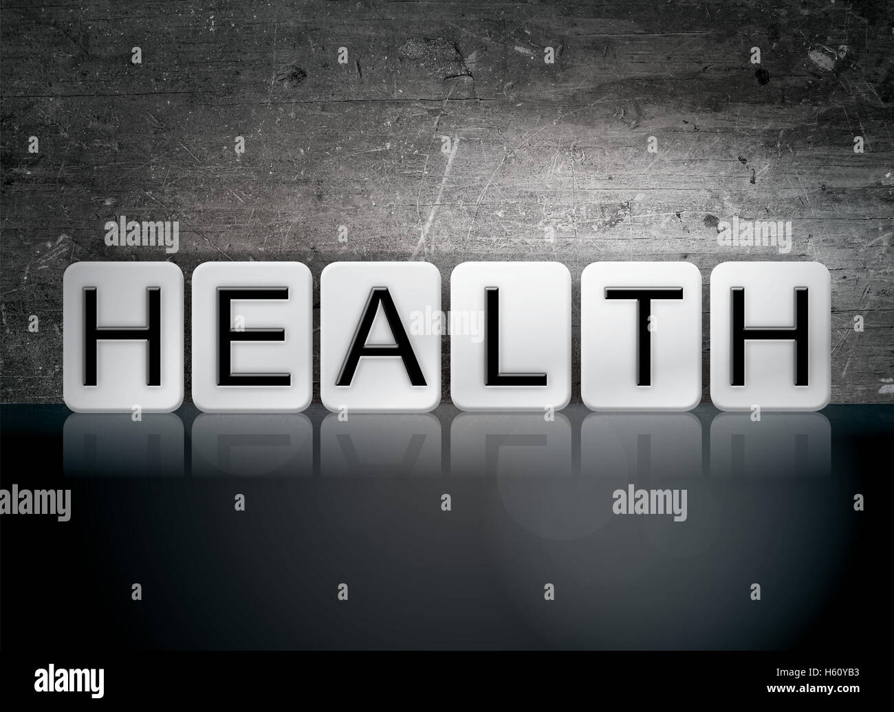 The word "Health" written in white tiles against a dark vintage grunge ...