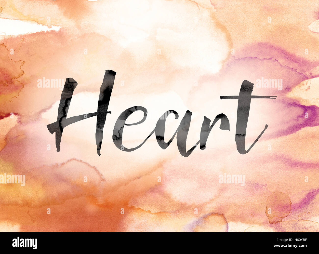 The word "Heart" painted in black ink over a colorful watercolor washed ...