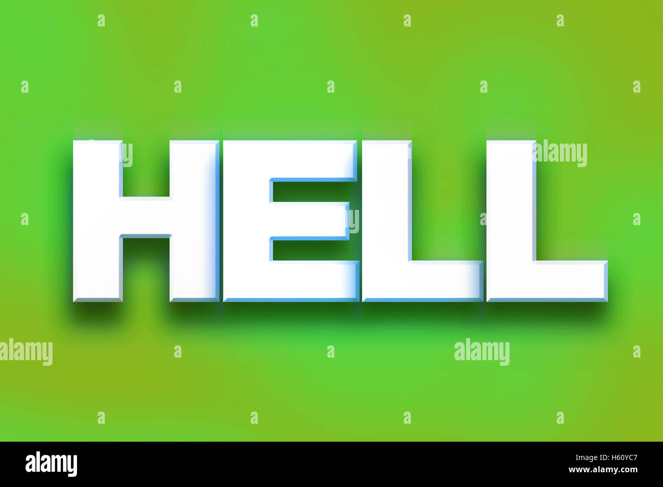 The word "Hell" written in white 3D letters on a colorful background ...