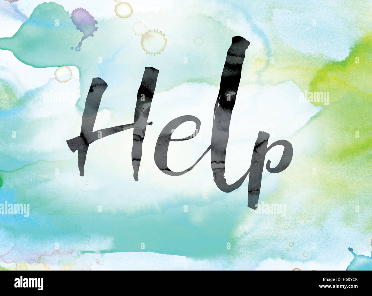 The word "Help" painted in black ink over a colorful watercolor washed ...