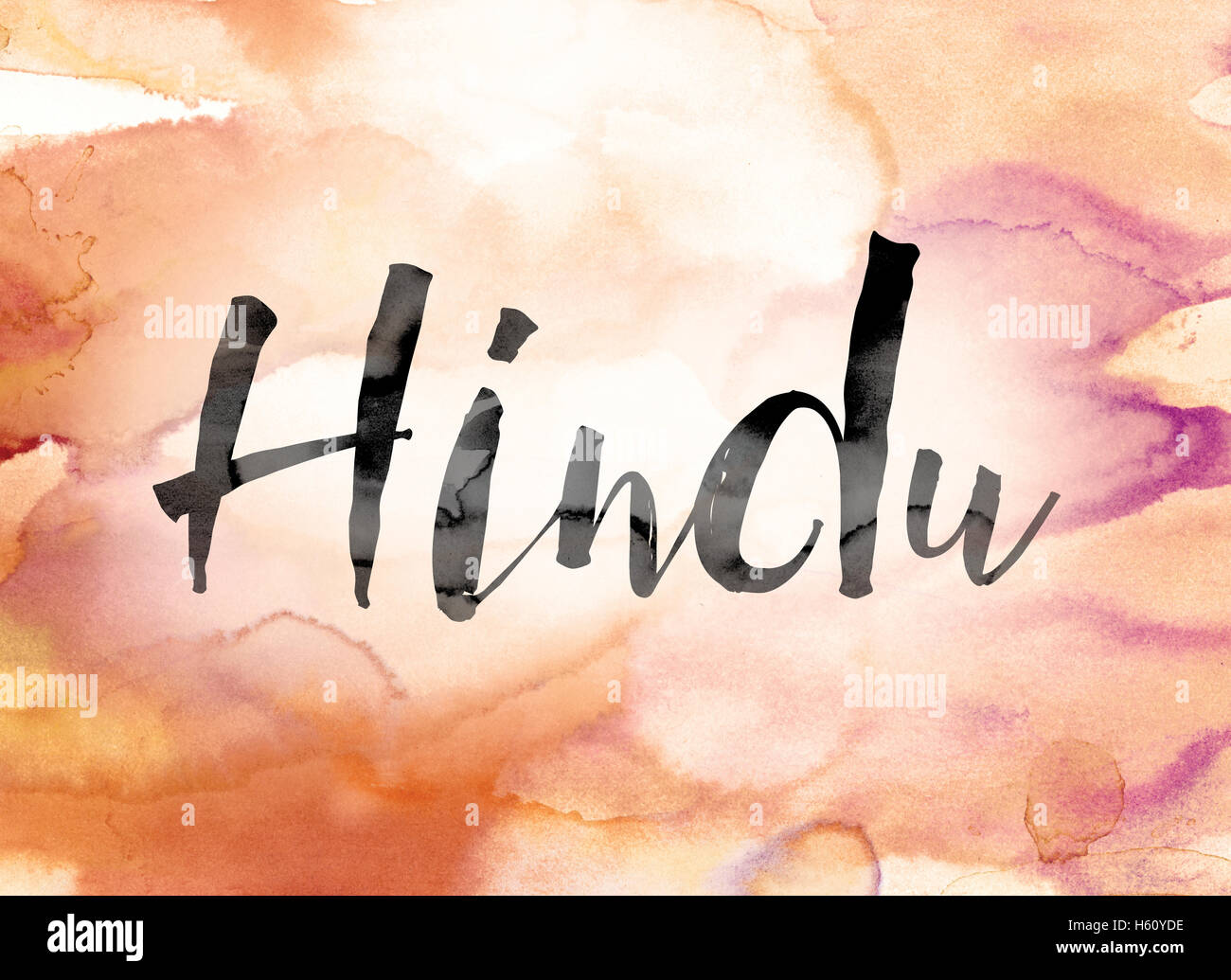 The word "Hindu" painted in black ink over a colorful watercolor washed ...