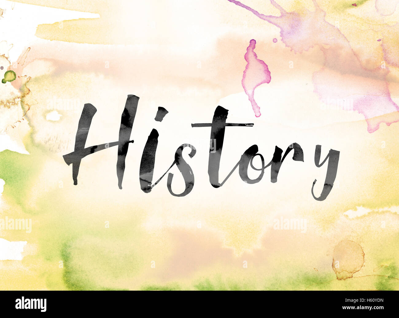 The word "History" painted in black ink over a colorful watercolor ...