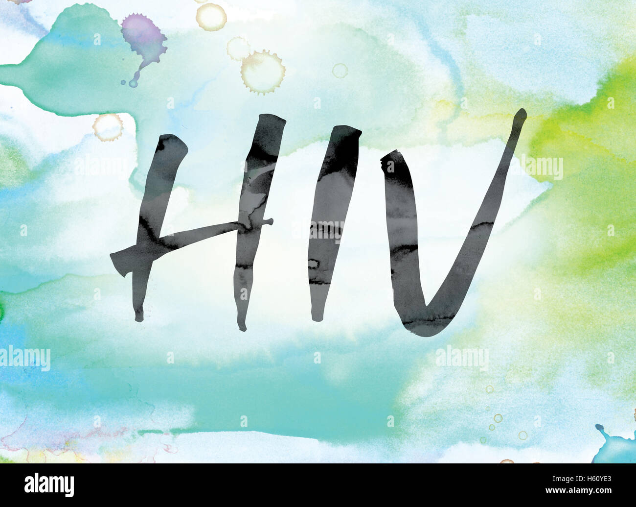The word "HIV" painted in black ink over a colorful watercolor washed ...