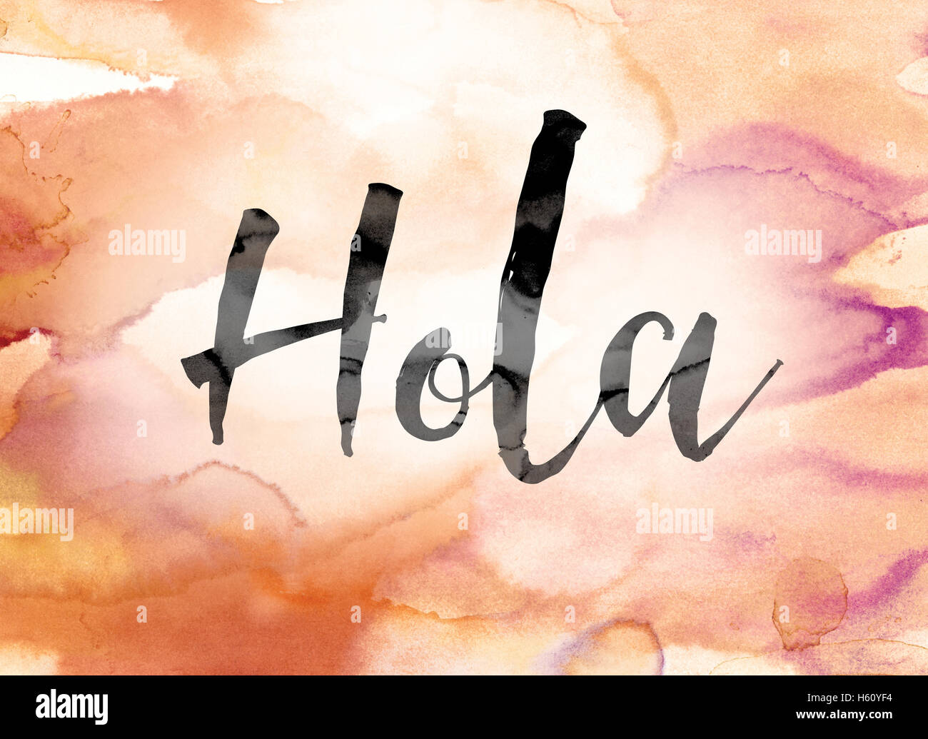 The word "Hola" painted in black ink over a colorful watercolor washed background concept and ...