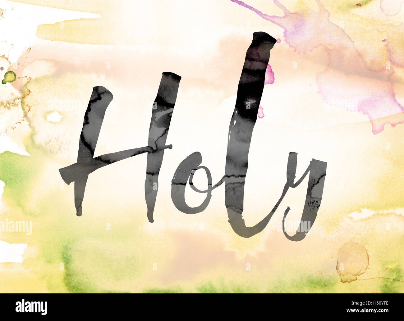The word "Holy" painted in black ink over a colorful watercolor washed ...