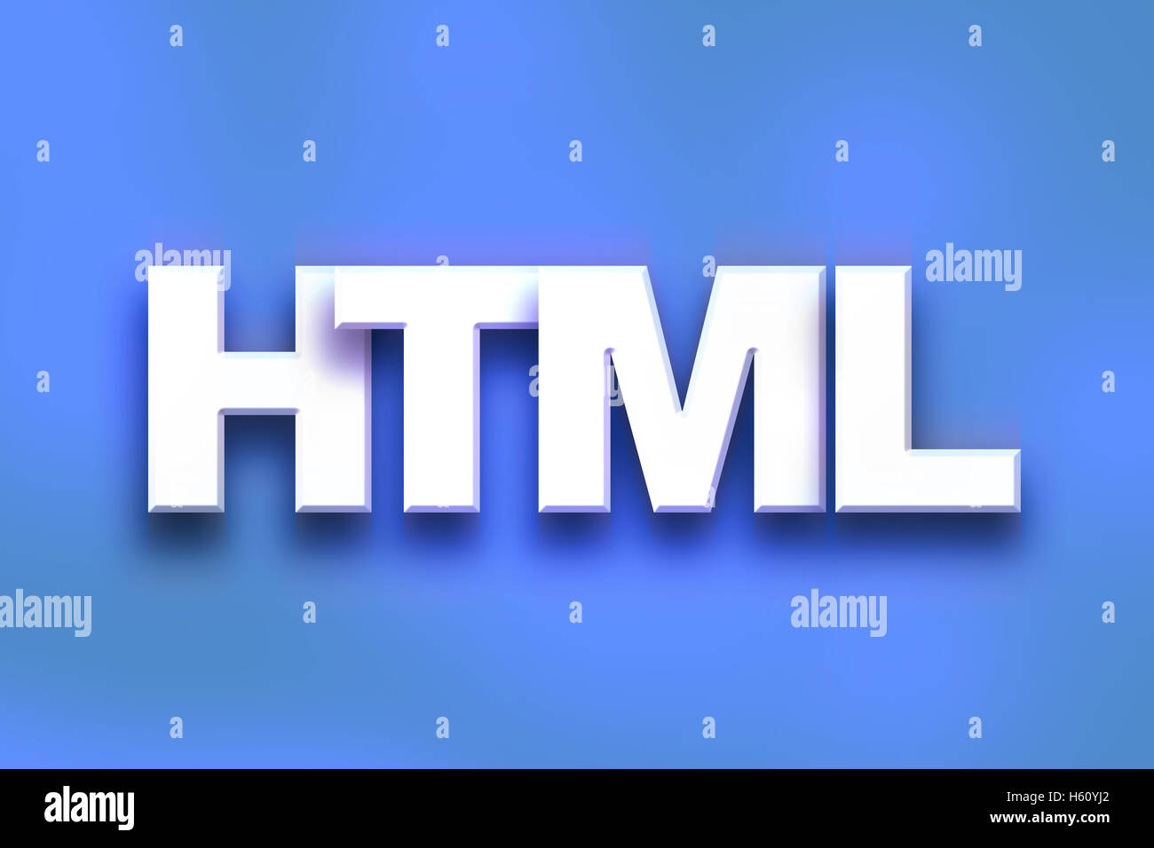 The word "HTML" written in white 3D letters on a colorful background ...