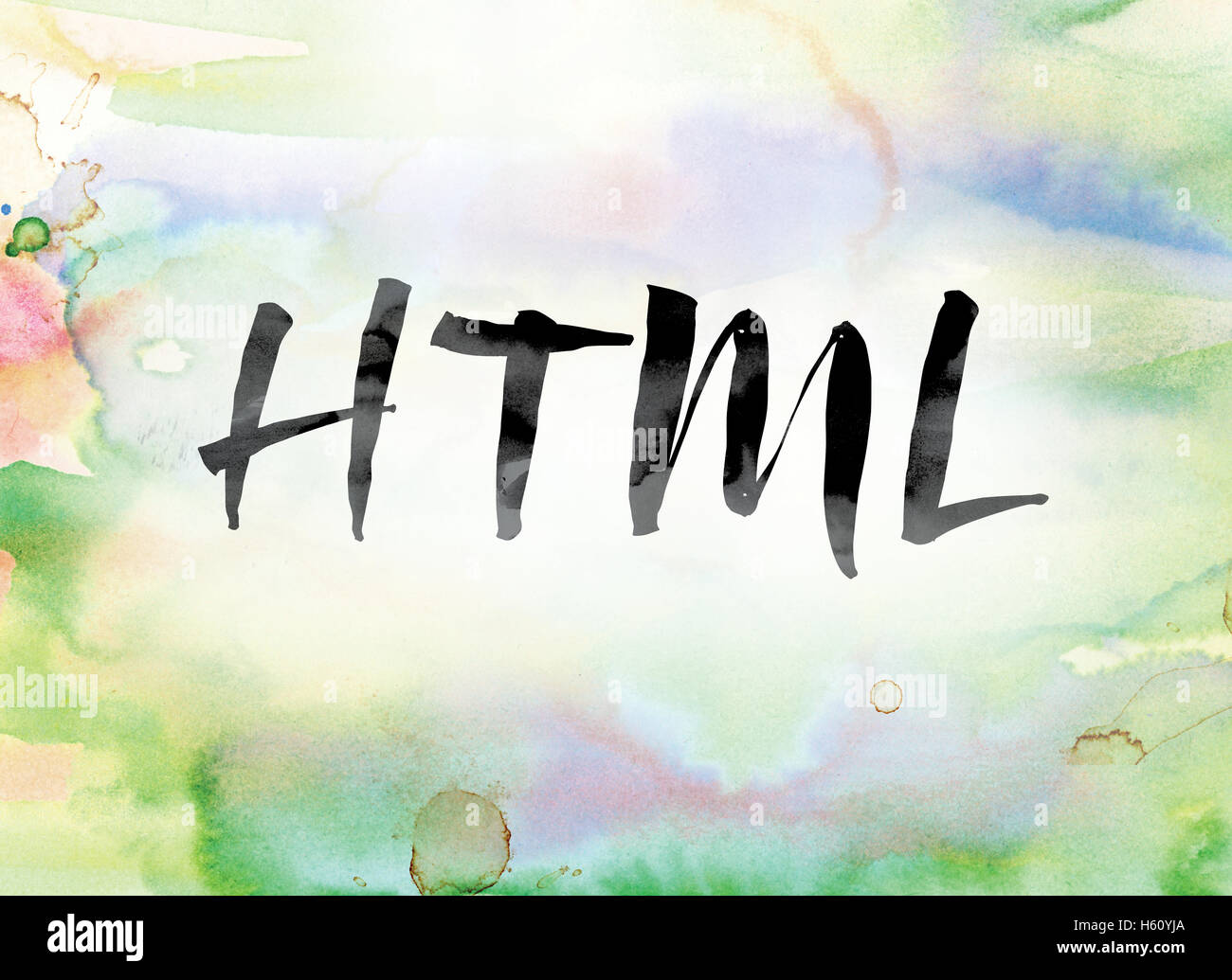 The word "HTML" painted in black ink over a colorful watercolor washed ...