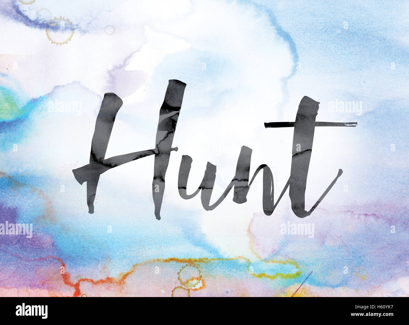 The word "Hunt" painted in black ink over a colorful watercolor washed ...