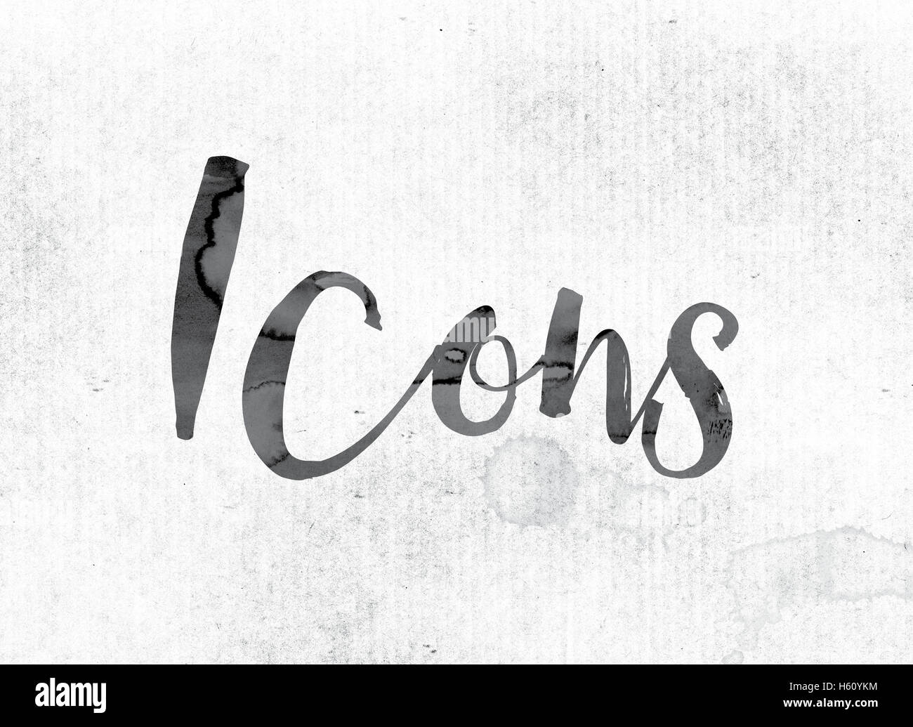 The word "Icons" concept and theme painted in watercolor ink on a white ...