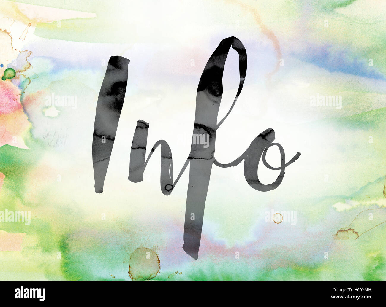 The word "Info" painted in black ink over a colorful watercolor washed ...