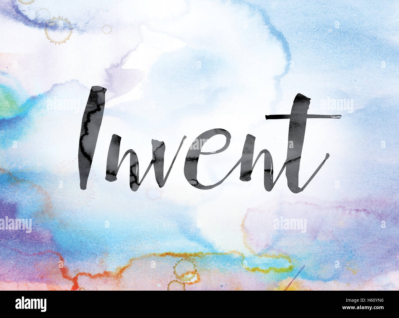 The word "Invent" painted in black ink over a colorful watercolor ...