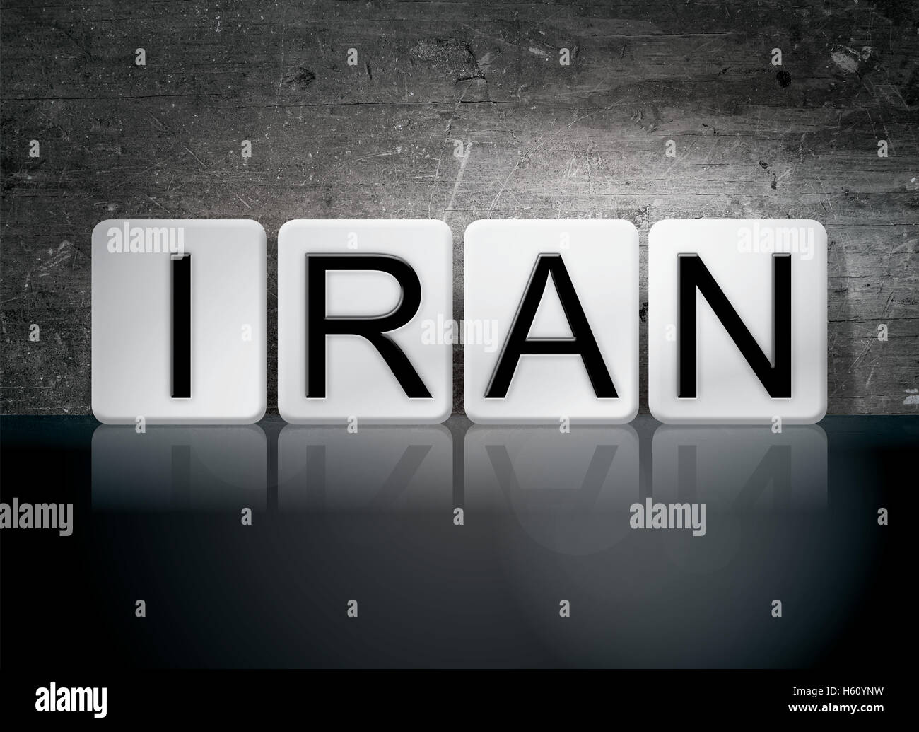 The word "Iran" written in white tiles against a dark vintage grunge ...