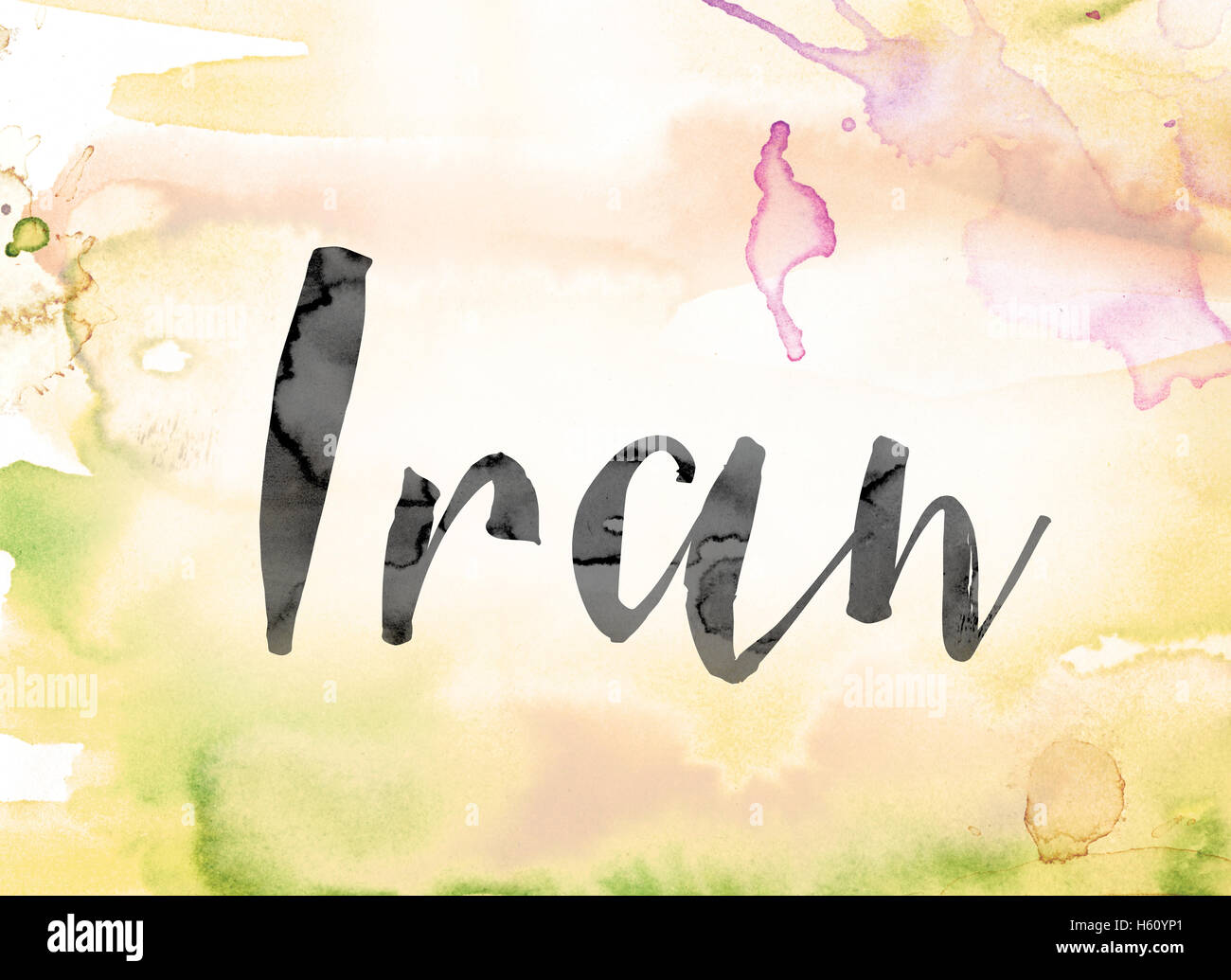 The word "Iran" painted in black ink over a colorful watercolor washed ...