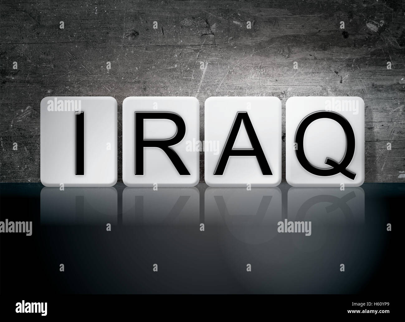 The word "Iraq" written in white tiles against a dark vintage grunge ...