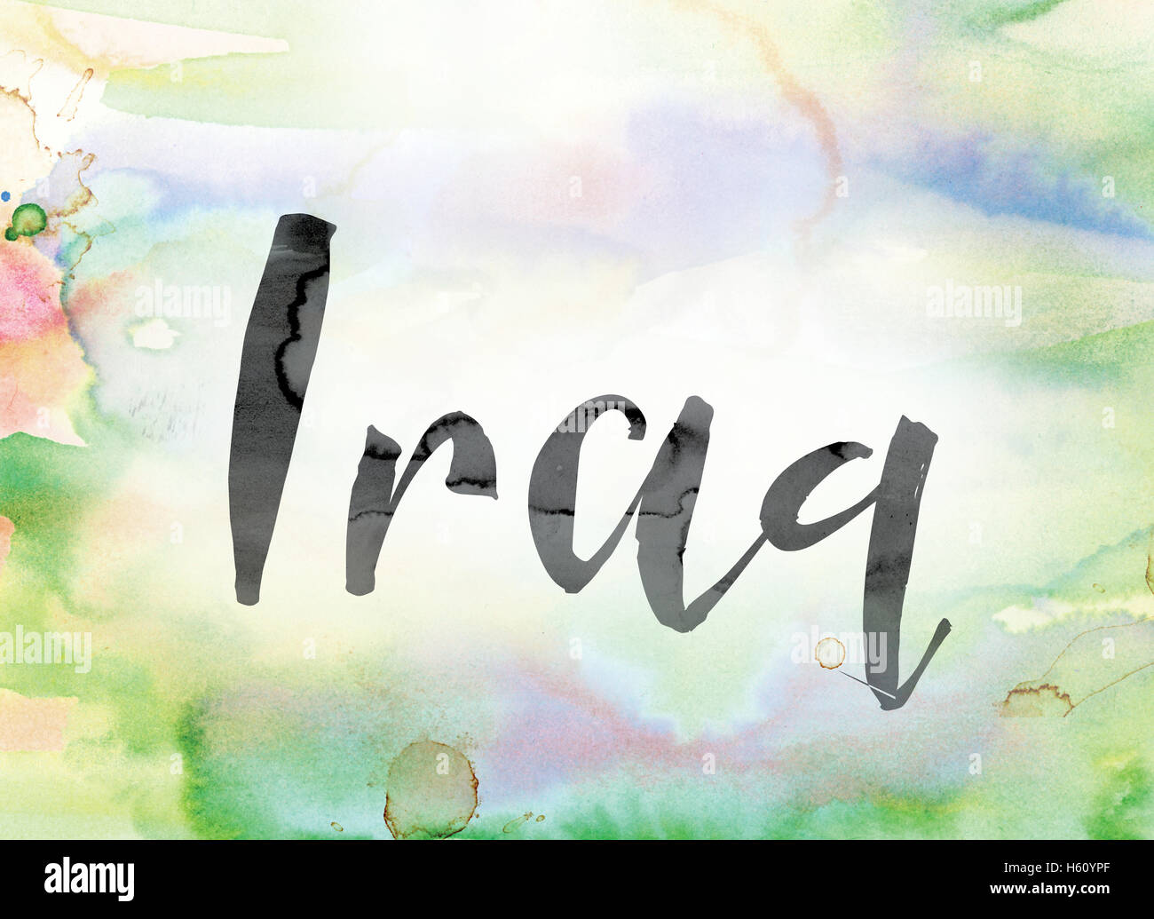 The word "Iraq" painted in black ink over a colorful watercolor washed ...