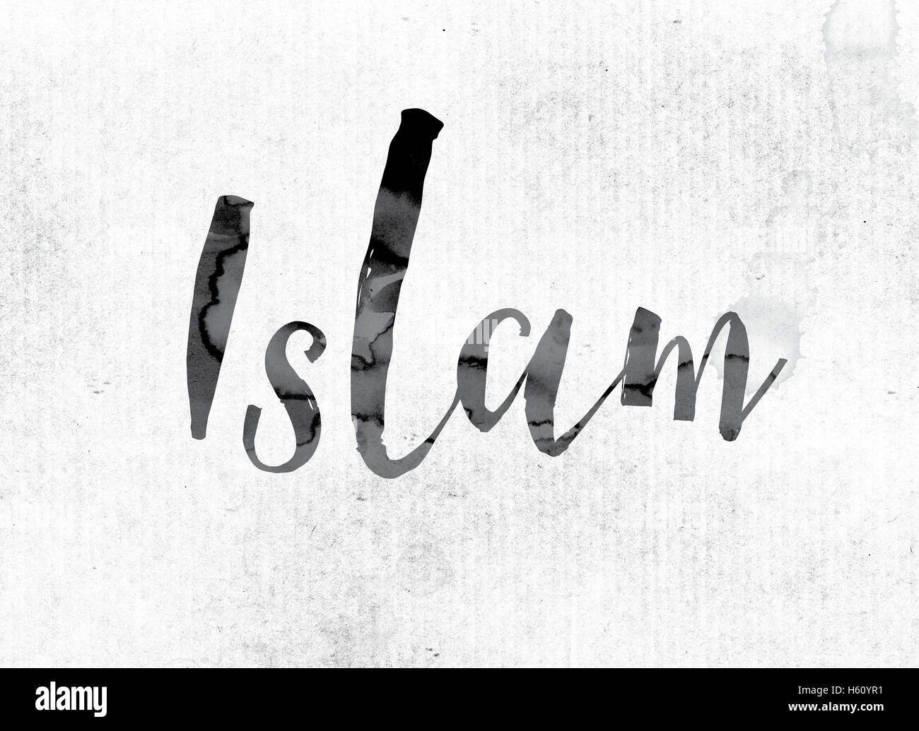 The word "Islam" concept and theme painted in watercolor ink on a white ...