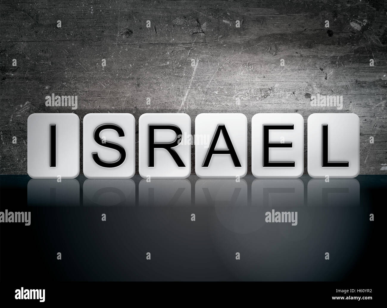 The word "Israel" written in white tiles against a dark vintage grunge ...
