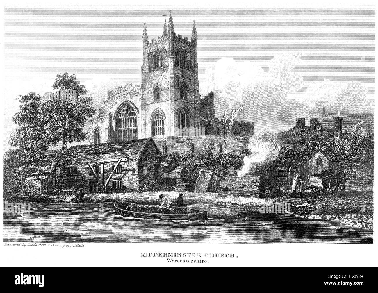 An engraving of Kidderminster Church, Worcestershire scanned at high ...