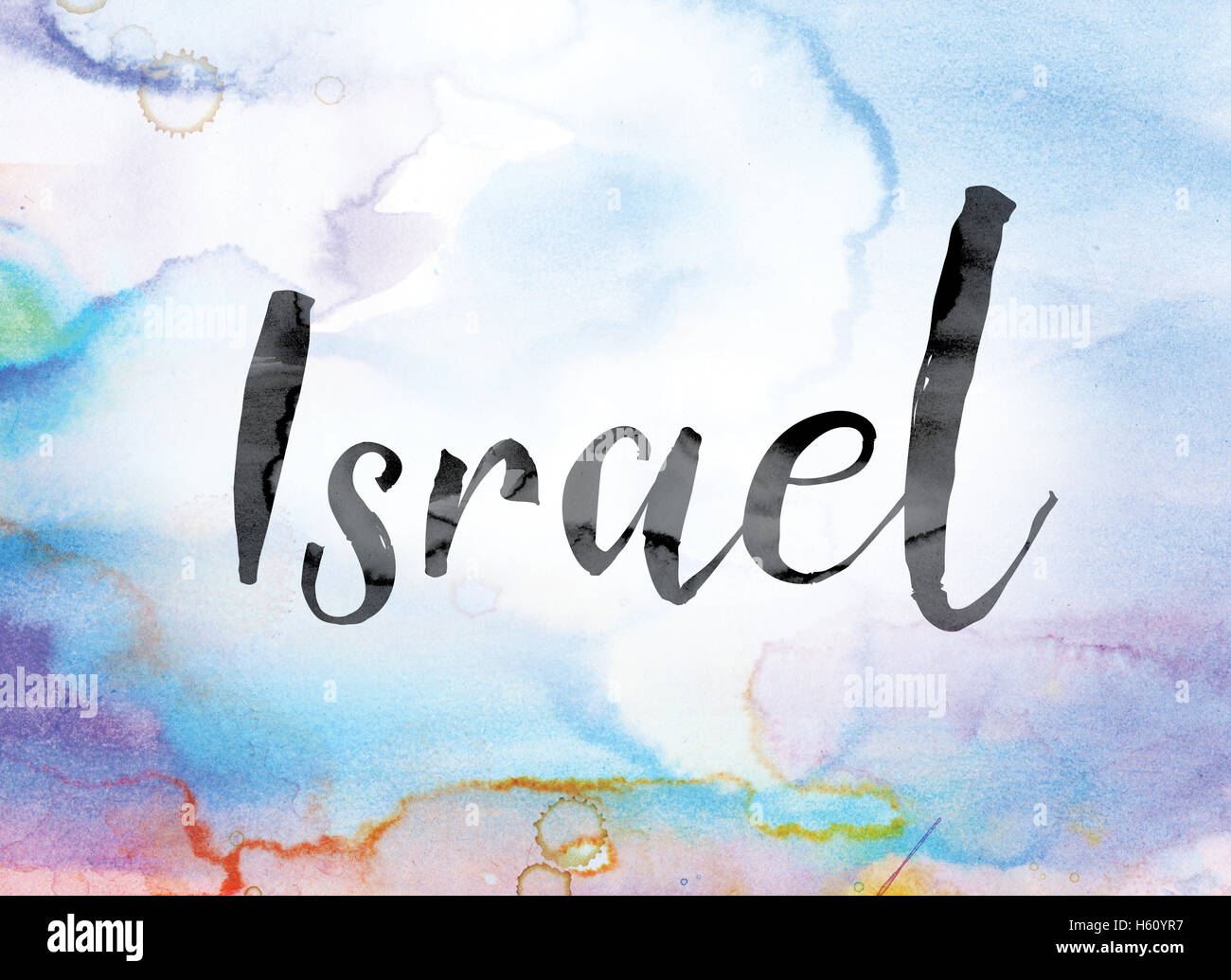 The word "Israel" painted in black ink over a colorful watercolor ...