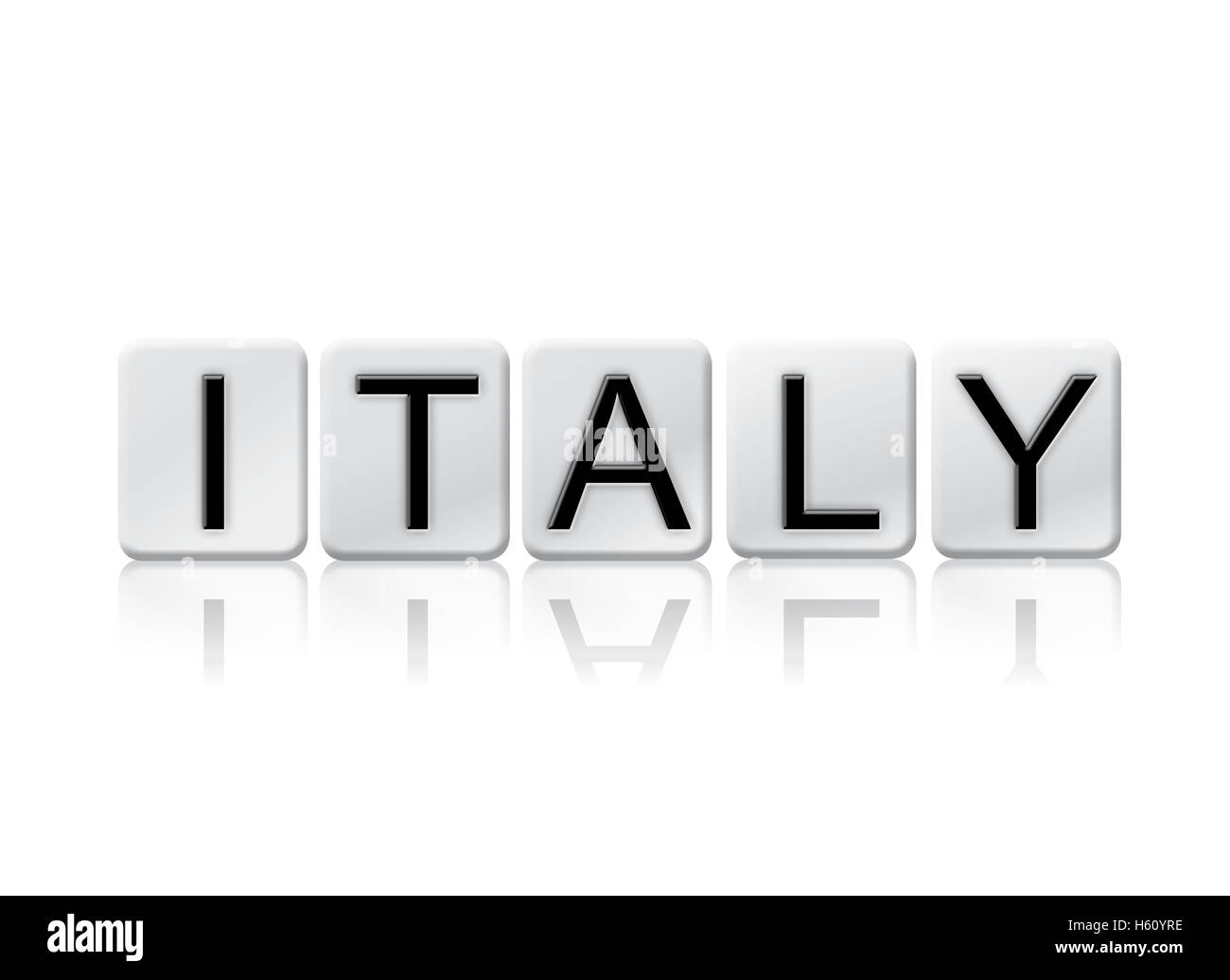 The word "Italy" written in tile letters isolated on a white background ...