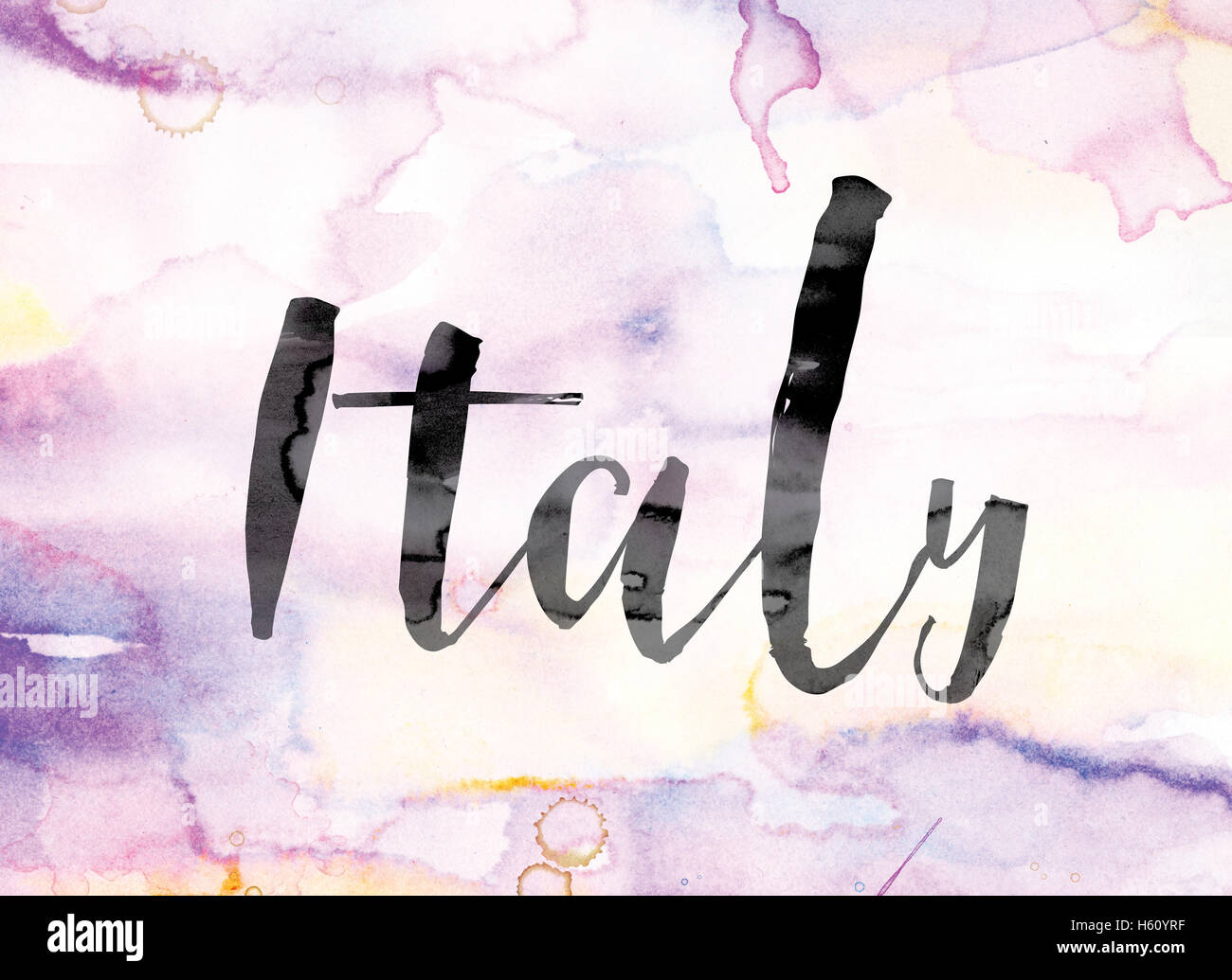 The word "Italy" painted in black ink over a colorful watercolor washed ...