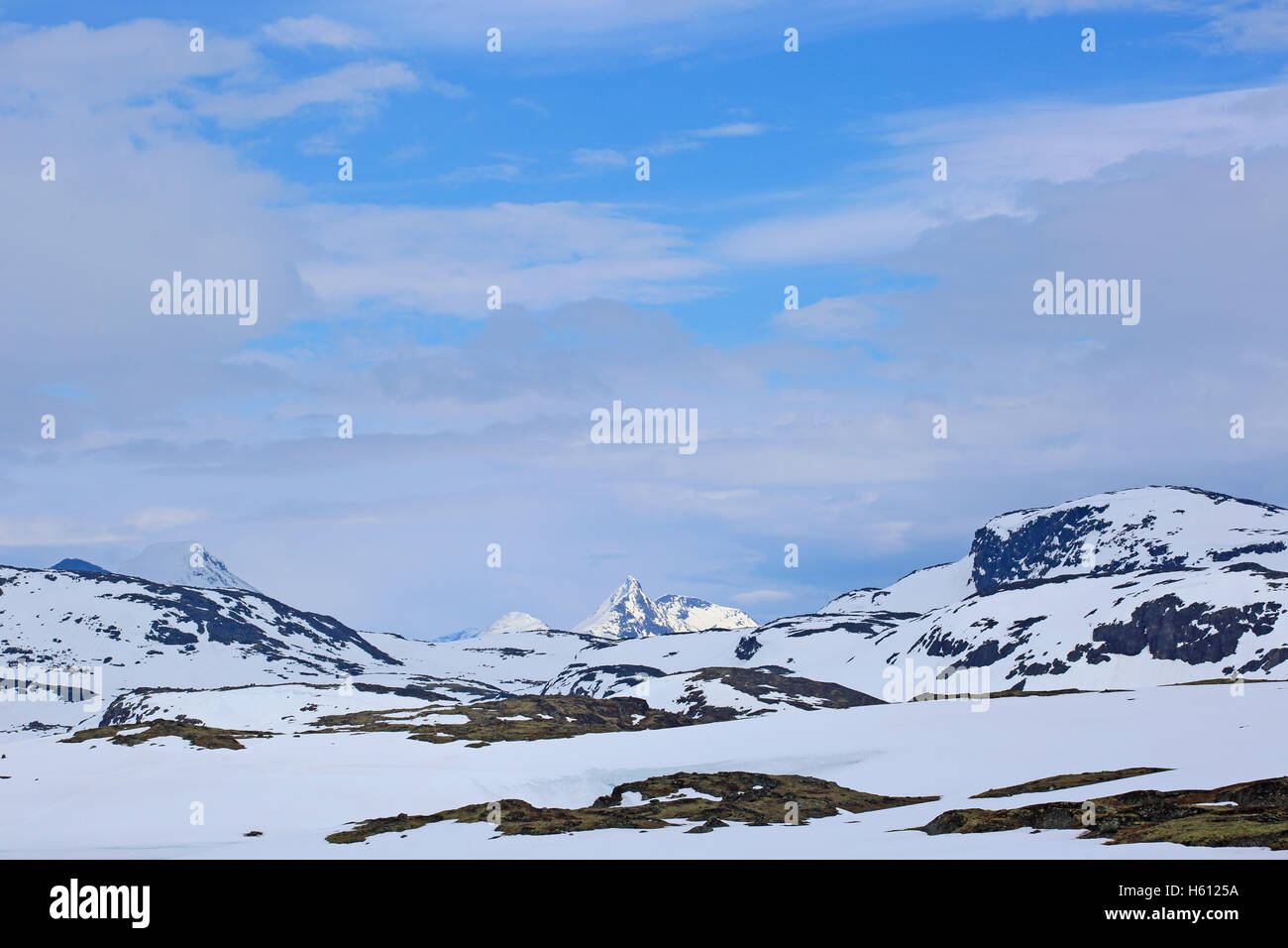 Spring Norway landscape with mountaind and valley with melting snow ...