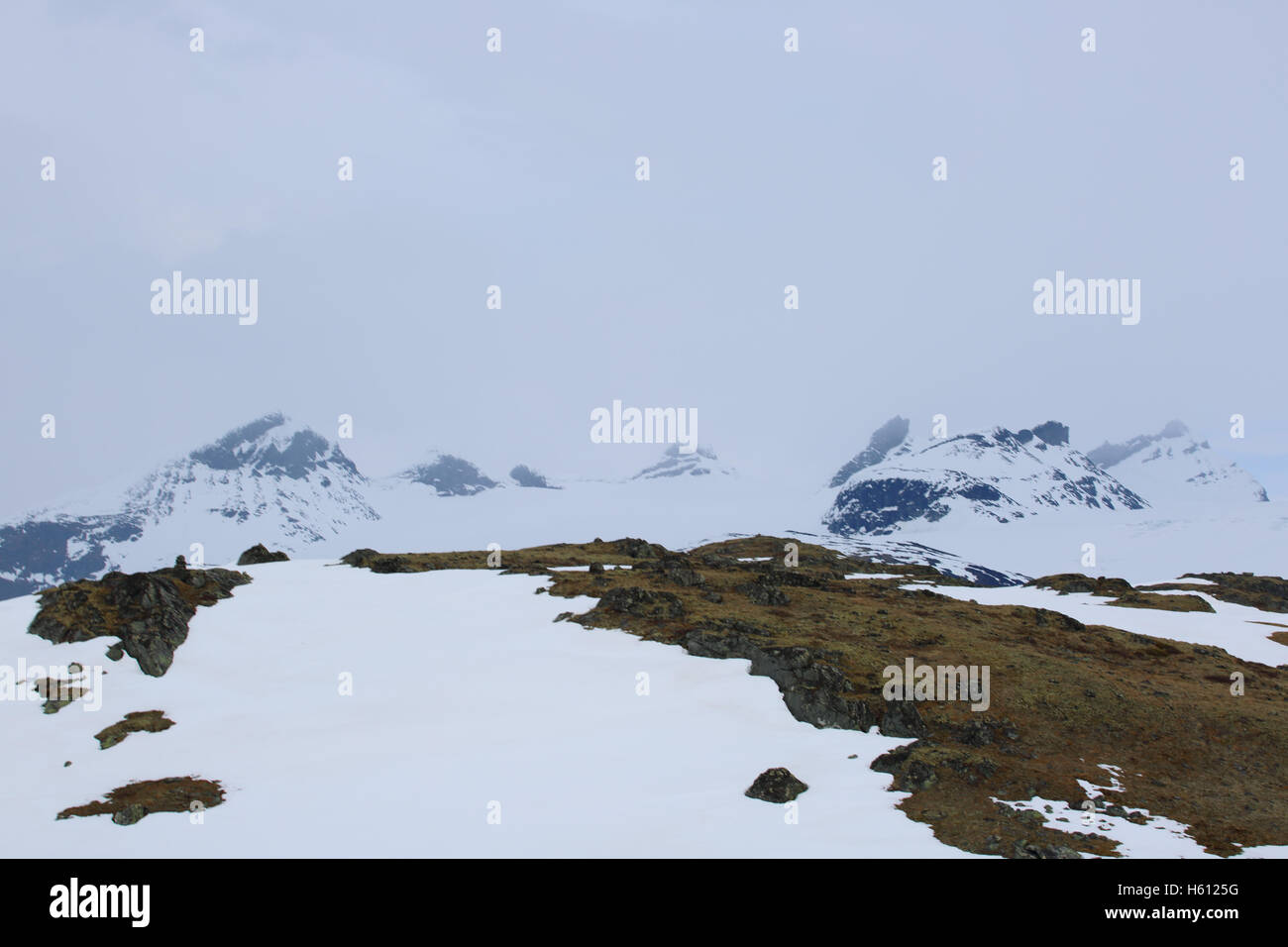 Spring Norway landscape with mountaind and valley with melting snow ...