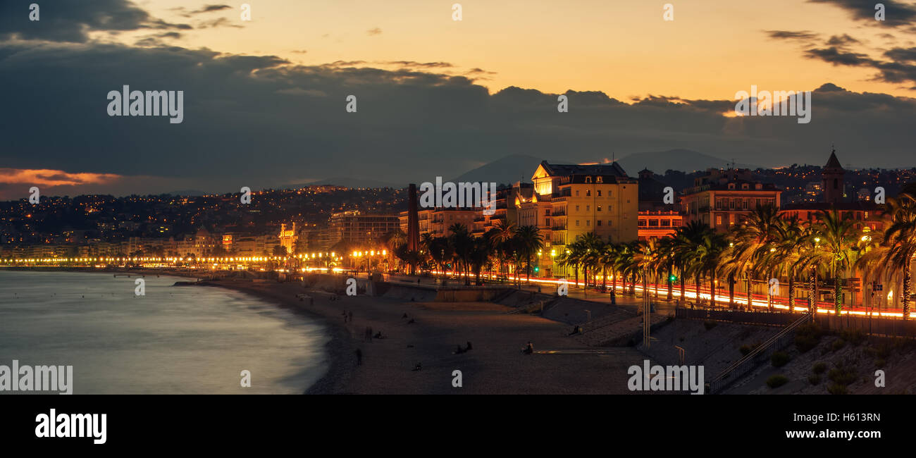 Nice, France: night view of old town, Promenade des Anglais Stock Photo ...
