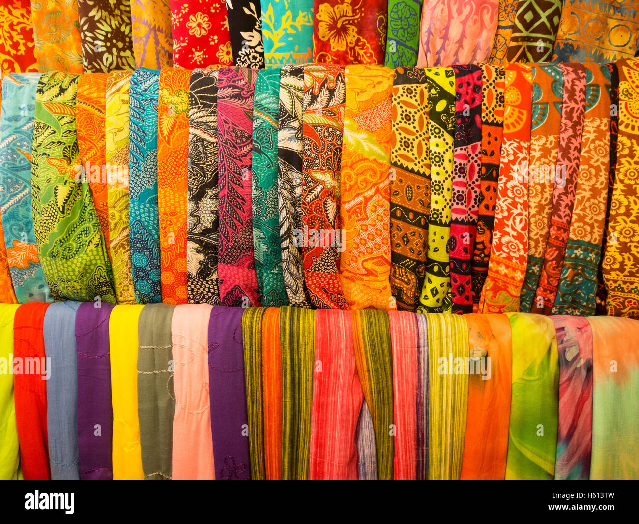 Colorful sarongs on sale in the market at Ubud in Bali, Indonesia Stock ...