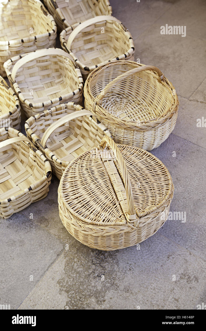 Wicker baskets, detail of objects made with wicker craft tools ...