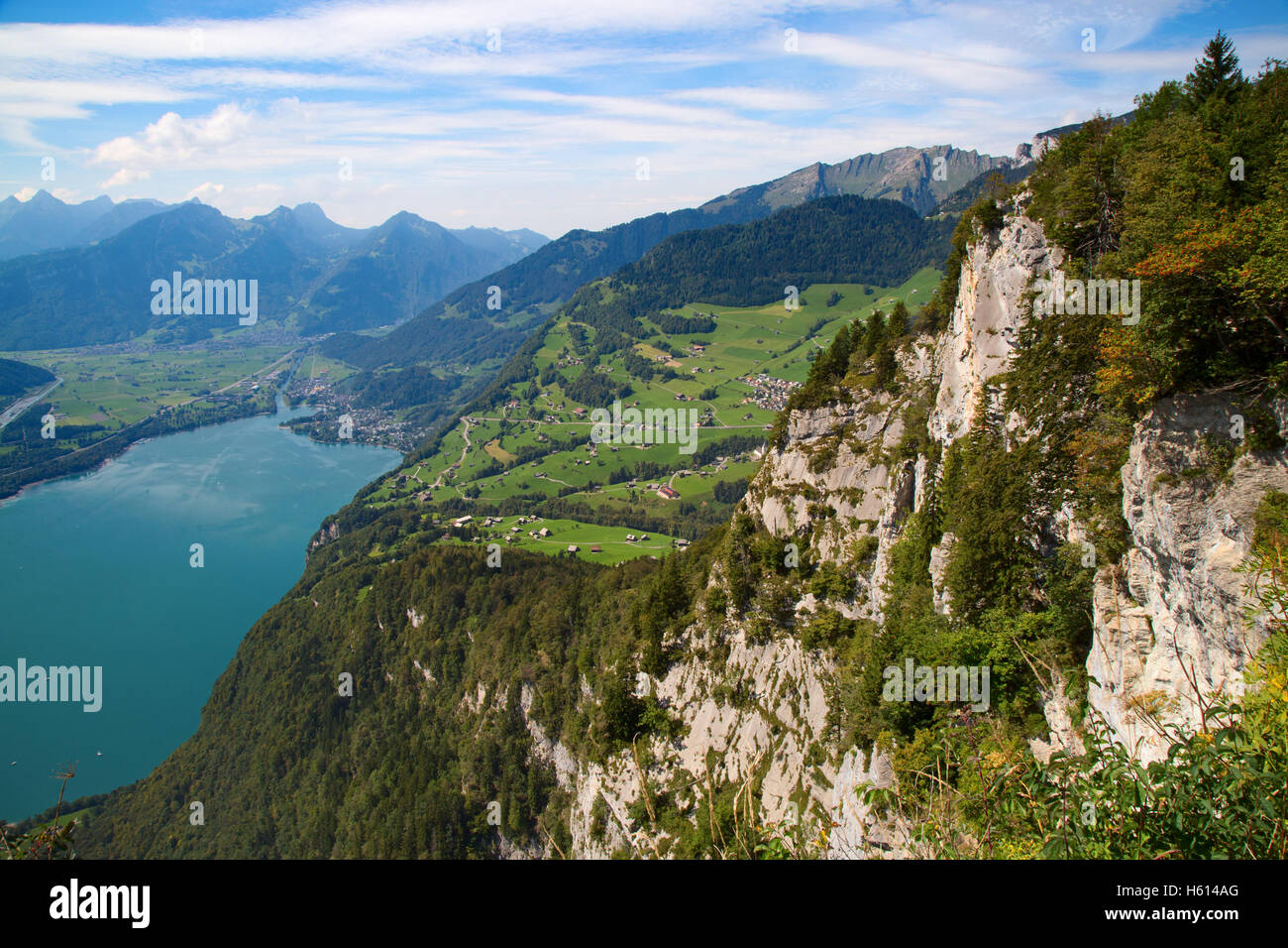 Summer landscape in the Walensee region (Churfirsten mountain range in ...