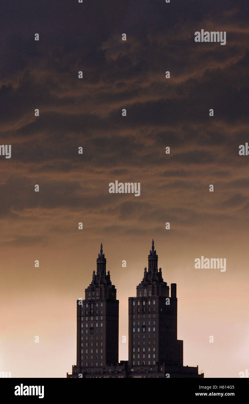 Twin-Towered Apartment Building at Sunset, New York City, New York, USA ...